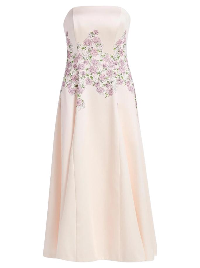 KAY UNGER tabitha floral tea-length strapless cocktail dress